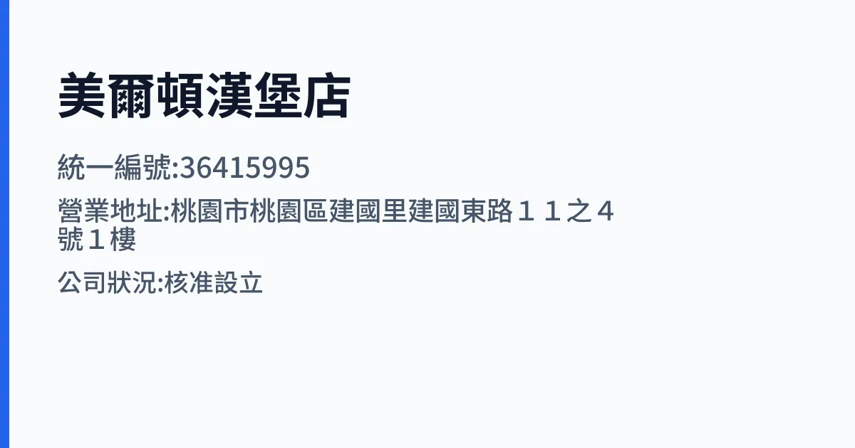 美爾頓漢堡店 - 統編 36415995(桃園市) 公司登記資料與營業項目詳細圖表