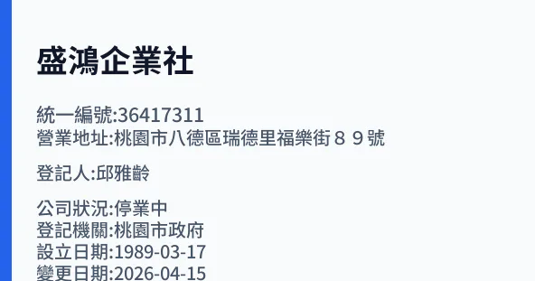 盛鴻企業社的照片-統編 36417311(桃園市) 公司登記資料與營業項目詳細圖表