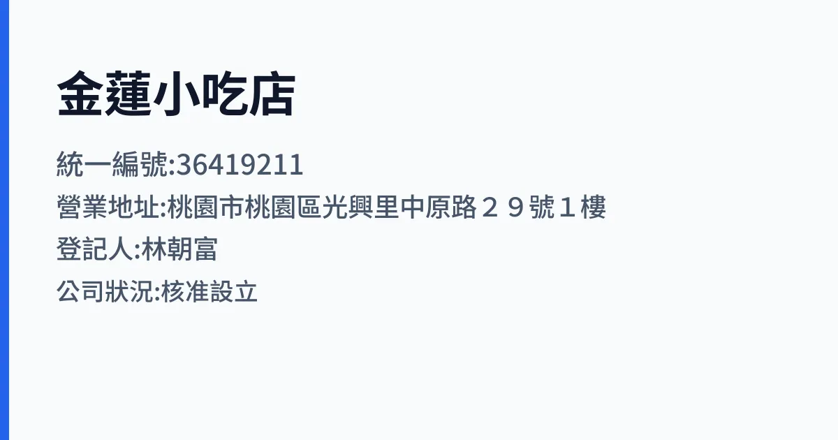 金蓮小吃店 - 統編 36419211(桃園市) 公司登記資料與營業項目詳細圖表