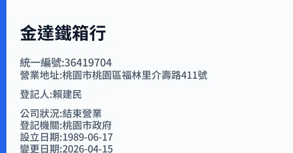 金達鐵箱行的照片-統編 36419704(桃園市) 公司登記資料與營業項目詳細圖表