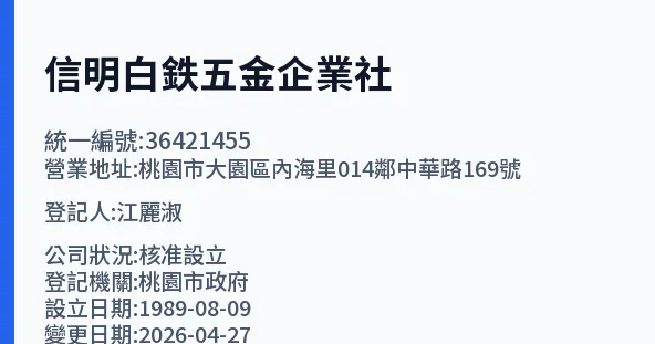 信明白鉄五金企業社的照片-統編 36421455(桃園市) 公司登記資料與營業項目詳細圖表