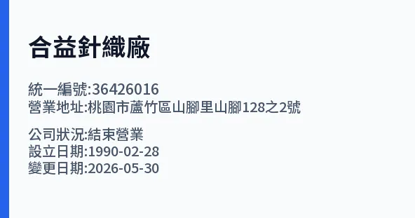 合益針織廠的照片-統編 36426016(桃園市) 公司登記資料與營業項目詳細圖表