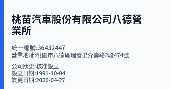 桃苗汽車股份有限公司八德營業所的照片-統編 36432447(桃園市) 公司登記資料與營業項目詳細圖表