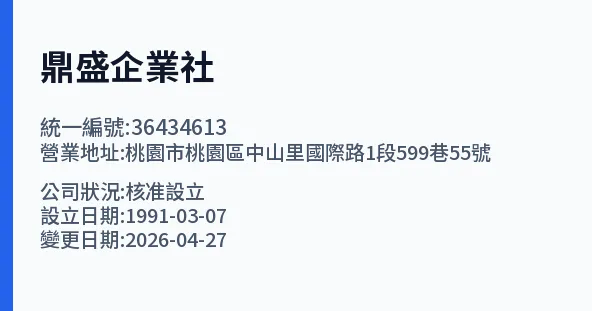 鼎盛企業社的照片-統編 36434613(桃園市) 公司登記資料與營業項目詳細圖表