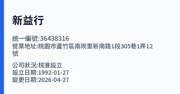 新益行的照片-統編 36438316(桃園市) 公司登記資料與營業項目詳細圖表