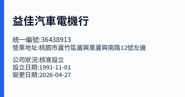 益佳汽車電機行的照片-統編 36438913(桃園市) 公司登記資料與營業項目詳細圖表