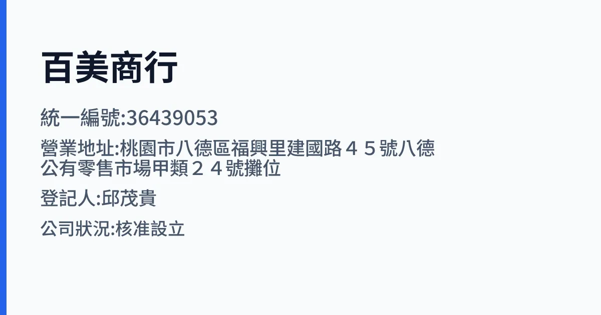 百美商行 - 統編 36439053(桃園市) 公司登記資料與營業項目詳細圖表