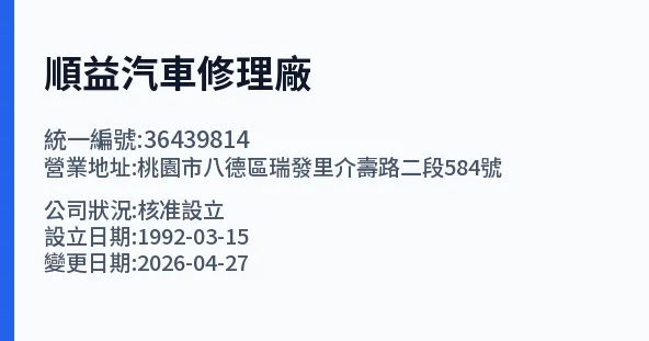 順益汽車修理廠的照片-統編 36439814(桃園市) 公司登記資料與營業項目詳細圖表