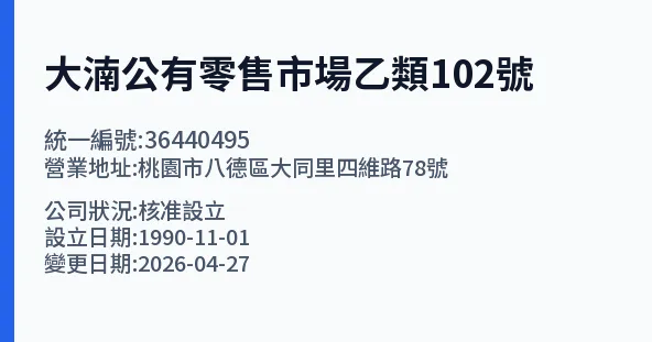 大湳公有零售市場乙類102號的照片-統編 36440495(桃園市) 公司登記資料與營業項目詳細圖表