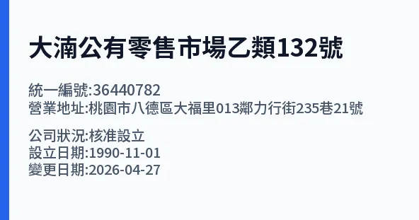 大湳公有零售市場乙類132號的照片-統編 36440782(桃園市) 公司登記資料與營業項目詳細圖表