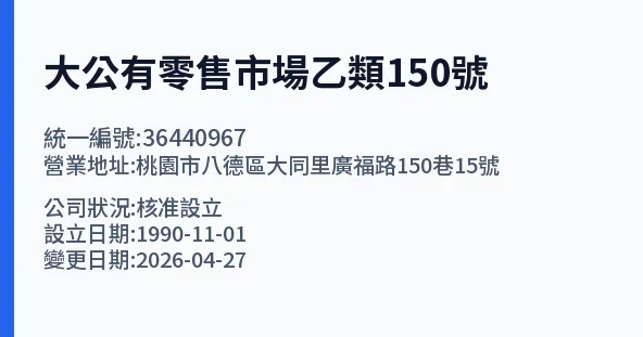 大公有零售市場乙類150號的照片-統編 36440967(桃園市) 公司登記資料與營業項目詳細圖表