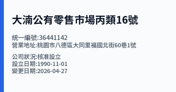 大湳公有零售市場丙類16號的照片-統編 36441142(桃園市) 公司登記資料與營業項目詳細圖表