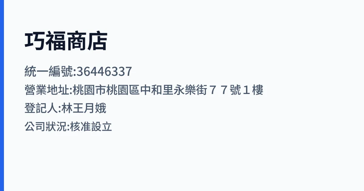 巧福商店 - 統編 36446337(桃園市) 公司登記資料與營業項目詳細圖表