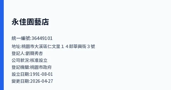 永佳園藝店的照片-統編 36449101(桃園市) 公司登記資料與營業項目詳細圖表