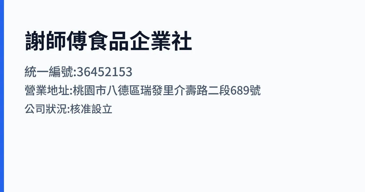 謝師傅食品企業社 - 統編 36452153（桃園市） 公司登記資料與營業項目詳細圖表