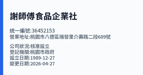 謝師傅食品企業社的照片-統編 36452153(桃園市) 公司登記資料與營業項目詳細圖表