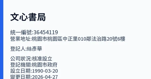 文心書局的照片-統編 36454119(桃園市) 公司登記資料與營業項目詳細圖表