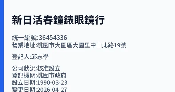 新日活春鐘錶眼鏡行的照片-統編 36454336(桃園市) 公司登記資料與營業項目詳細圖表