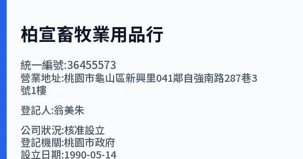 柏宣畜牧業用品行的照片-統編 36455573(桃園市) 公司登記資料與營業項目詳細圖表