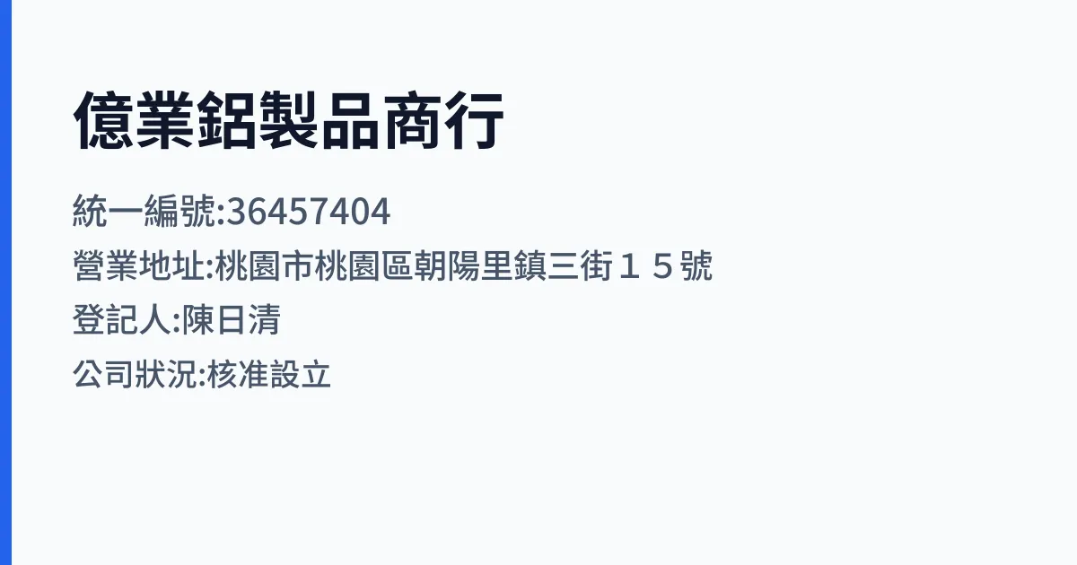 億業鋁製品商行 - 統編 36457404(桃園市) 公司登記資料與營業項目詳細圖表