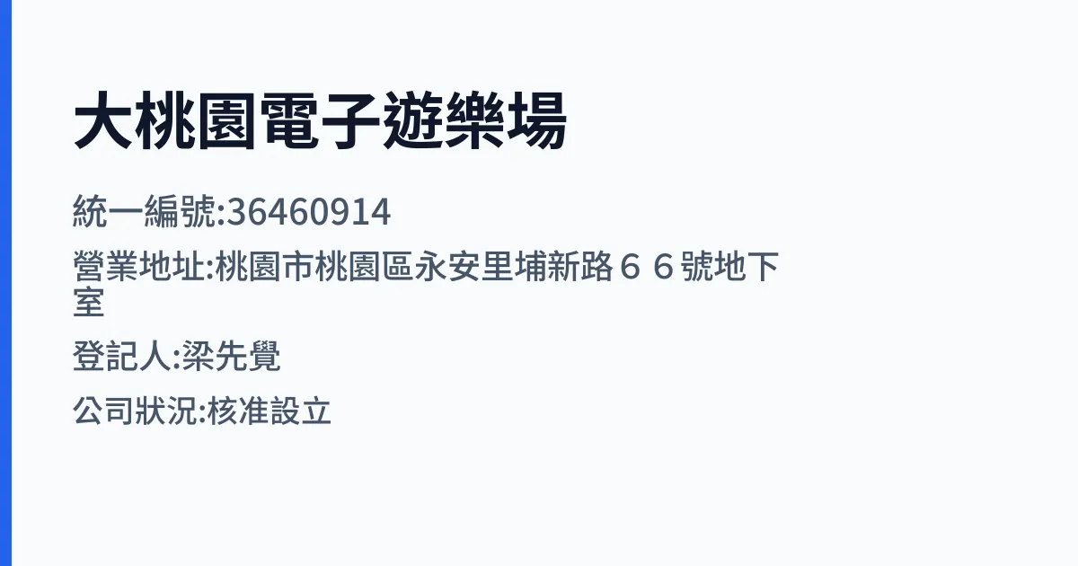 大桃園電子遊樂場 - 統編 36460914(桃園市) 公司登記資料與營業項目詳細圖表