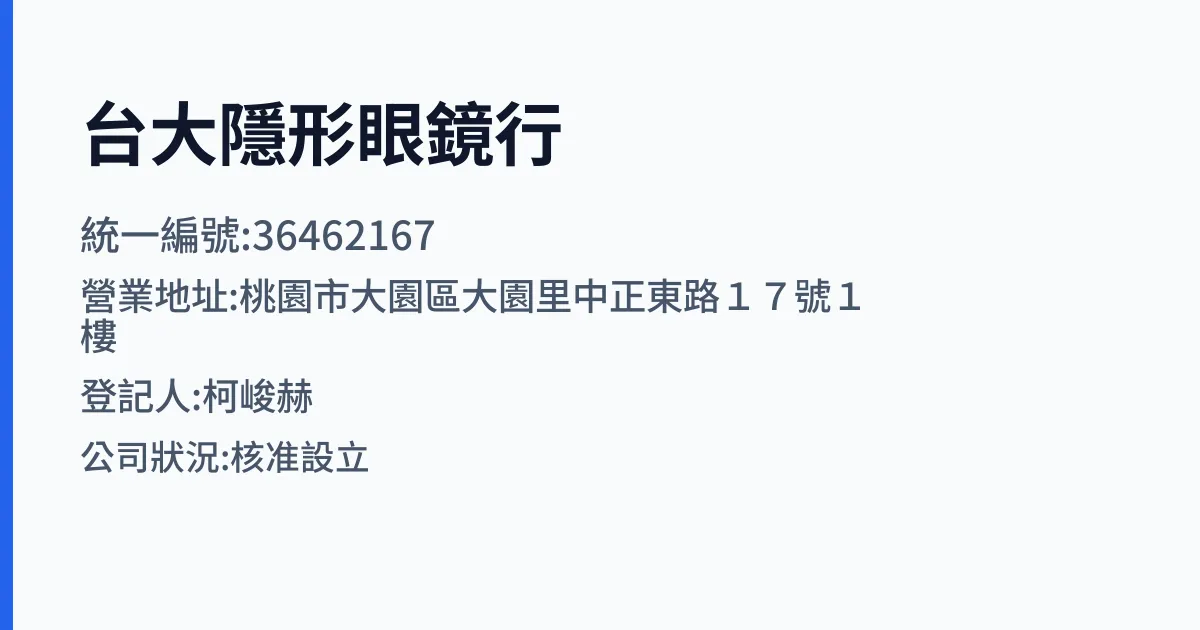 台大隱形眼鏡行 - 統編 36462167(桃園市) 公司登記資料與營業項目詳細圖表