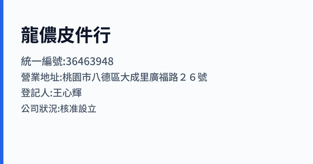 龍儂皮件行 - 統編 36463948(桃園市) 公司登記資料與營業項目詳細圖表