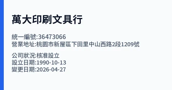 萬大印刷文具行的照片-統編 36473066(桃園市) 公司登記資料與營業項目詳細圖表