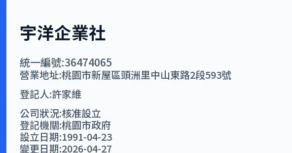 宇洋企業社的照片-統編 36474065(桃園市) 公司登記資料與營業項目詳細圖表