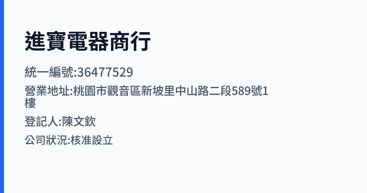 進寶電器商行 - 統編 36477529(桃園市) 公司登記資料與營業項目詳細圖表