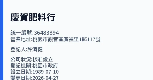 慶賀肥料行的照片-統編 36483894(桃園市) 公司登記資料與營業項目詳細圖表