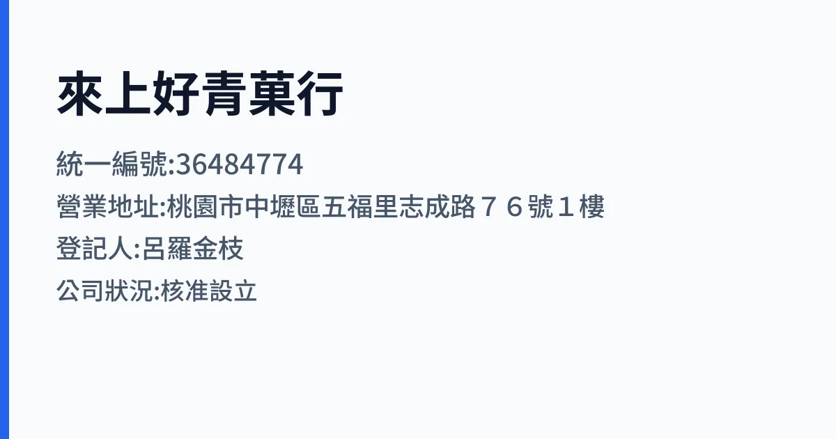 來上好青菓行 - 統編 36484774(桃園市) 公司登記資料與營業項目詳細圖表