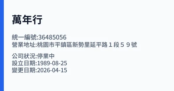 萬年行的照片-統編 36485056(桃園市) 公司登記資料與營業項目詳細圖表