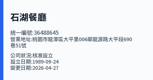 石湖餐廳的照片-統編 36488645(桃園市) 公司登記資料與營業項目詳細圖表