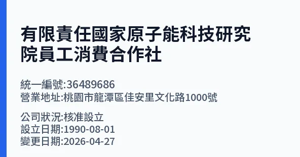 有限責任國家原子能科技研究院員工消費合作社的照片-統編 36489686(桃園市) 公司登記資料與營業項目詳細圖表