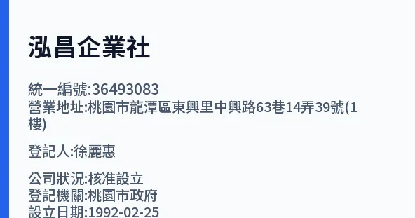 泓昌企業社的照片-統編 36493083(桃園市) 公司登記資料與營業項目詳細圖表