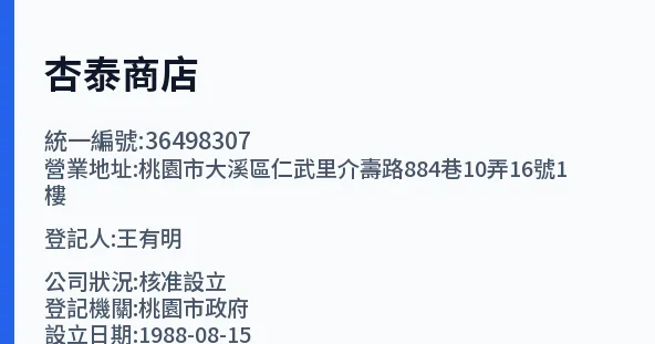 杏泰商店的照片-統編 36498307(桃園市) 公司登記資料與營業項目詳細圖表