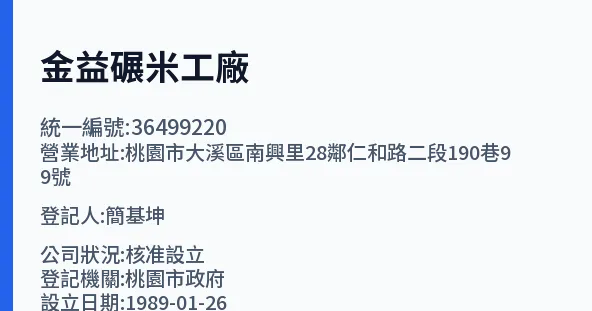 金益碾米工廠的照片-統編 36499220(桃園市) 公司登記資料與營業項目詳細圖表
