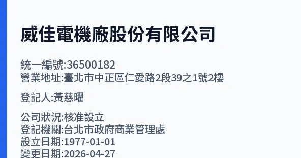 威佳電機廠股份有限公司的照片-統編 36500182(臺北市) 公司登記資料與營業項目詳細圖表