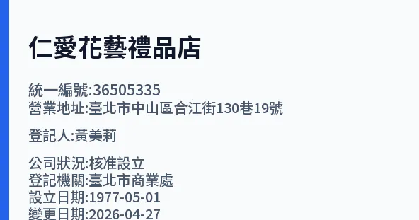 仁愛花藝禮品店的照片-統編 36505335(臺北市) 公司登記資料與營業項目詳細圖表