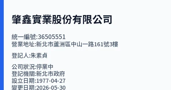 肇鑫實業股份有限公司的照片-統編 36505551(新北市) 公司登記資料與營業項目詳細圖表