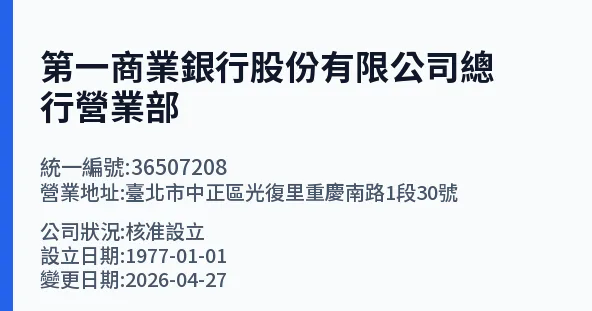 第一商業銀行股份有限公司總行營業部的照片-統編 36507208(臺北市) 公司登記資料與營業項目詳細圖表