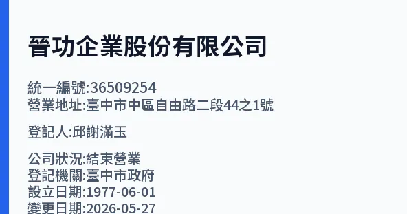 晉功企業股份有限公司的照片-統編 36509254(臺中市) 公司登記資料與營業項目詳細圖表