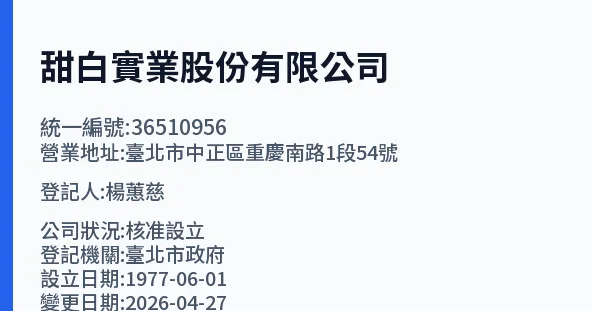 甜白實業股份有限公司的照片-統編 36510956(臺北市) 公司登記資料與營業項目詳細圖表