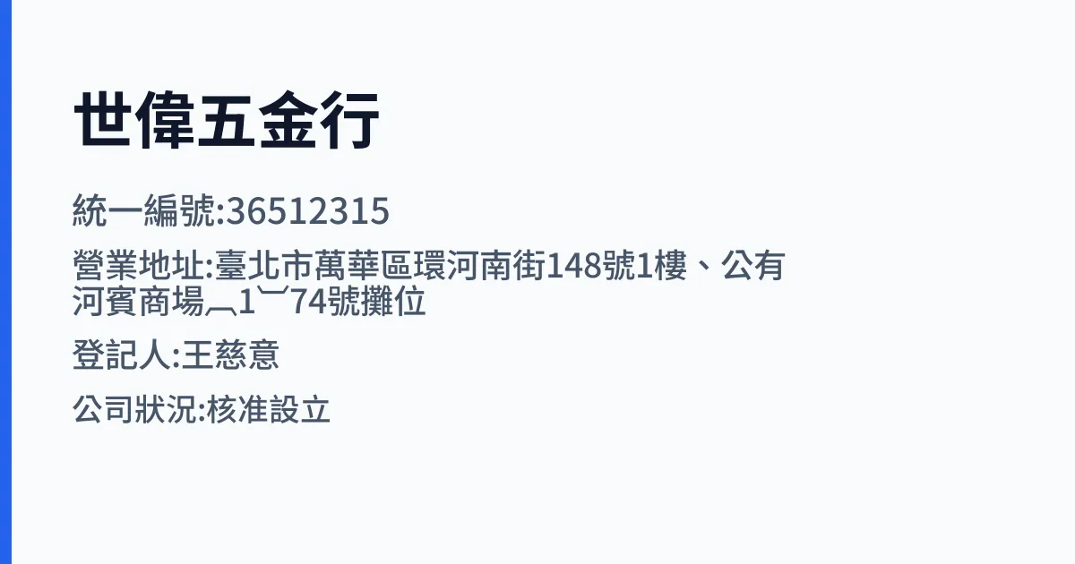 世偉五金行 - 統編 36512315(臺北市) 公司登記資料與營業項目詳細圖表