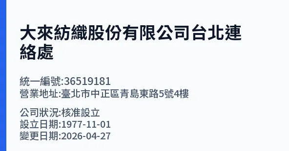 大來紡織股份有限公司台北連絡處的照片-統編 36519181(臺北市) 公司登記資料與營業項目詳細圖表