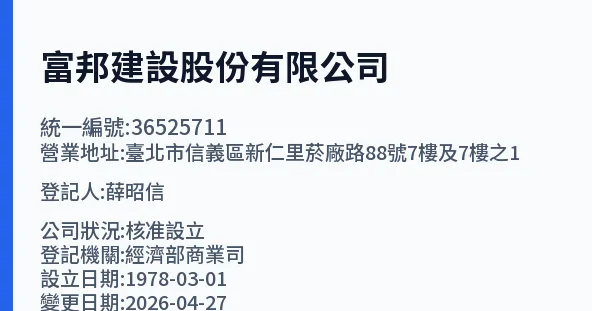 富邦建設股份有限公司的照片-統編 36525711(臺北市) 公司登記資料與營業項目詳細圖表