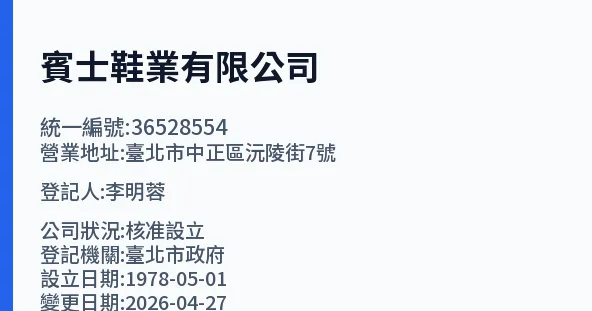 賓士鞋業有限公司的照片-統編 36528554(臺北市) 公司登記資料與營業項目詳細圖表