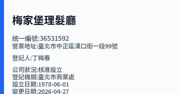 梅家堡理髮廳的照片-統編 36531592(臺北市) 公司登記資料與營業項目詳細圖表