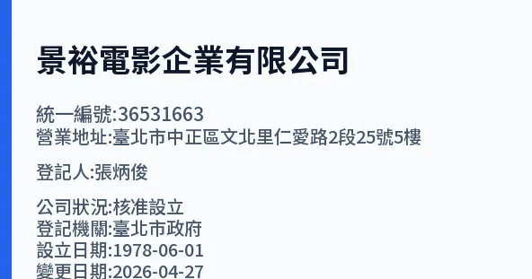 景裕電影企業有限公司的照片-統編 36531663(臺北市) 公司登記資料與營業項目詳細圖表